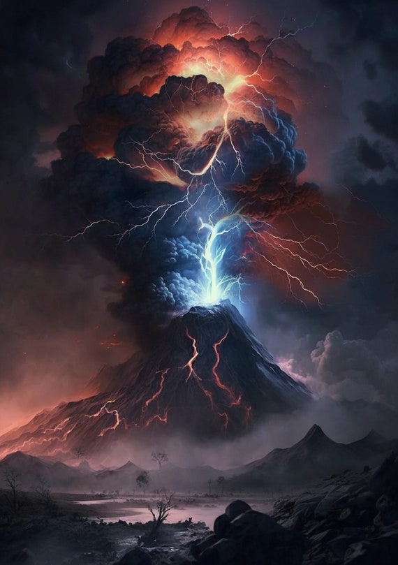 Erupting Volcano With Lightning