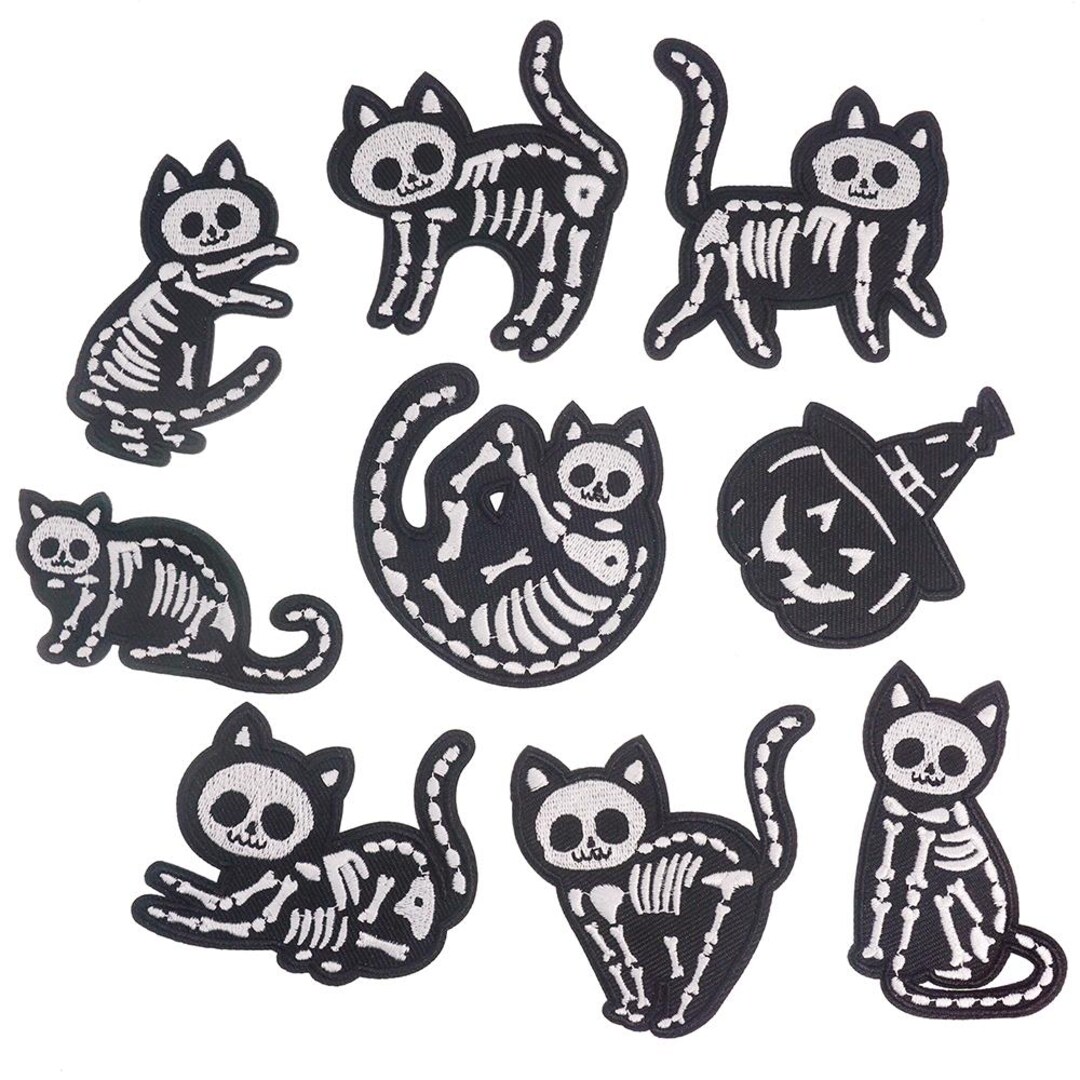 Cute Skeleton Cat Embroidered Iron on Patch, Skeleton Cat Applique ...
