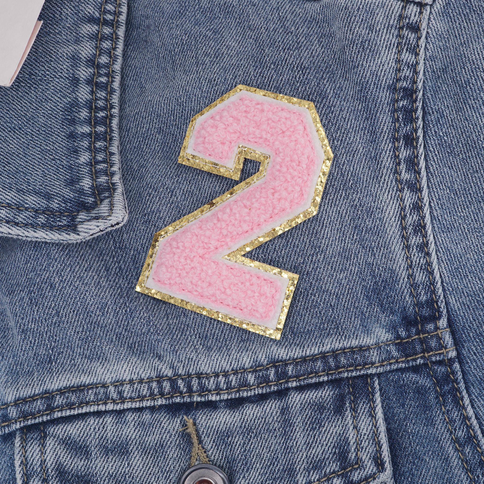 Pink Chenille Number Embroidered Iron on Patch Gold Trim Fashion Number ...