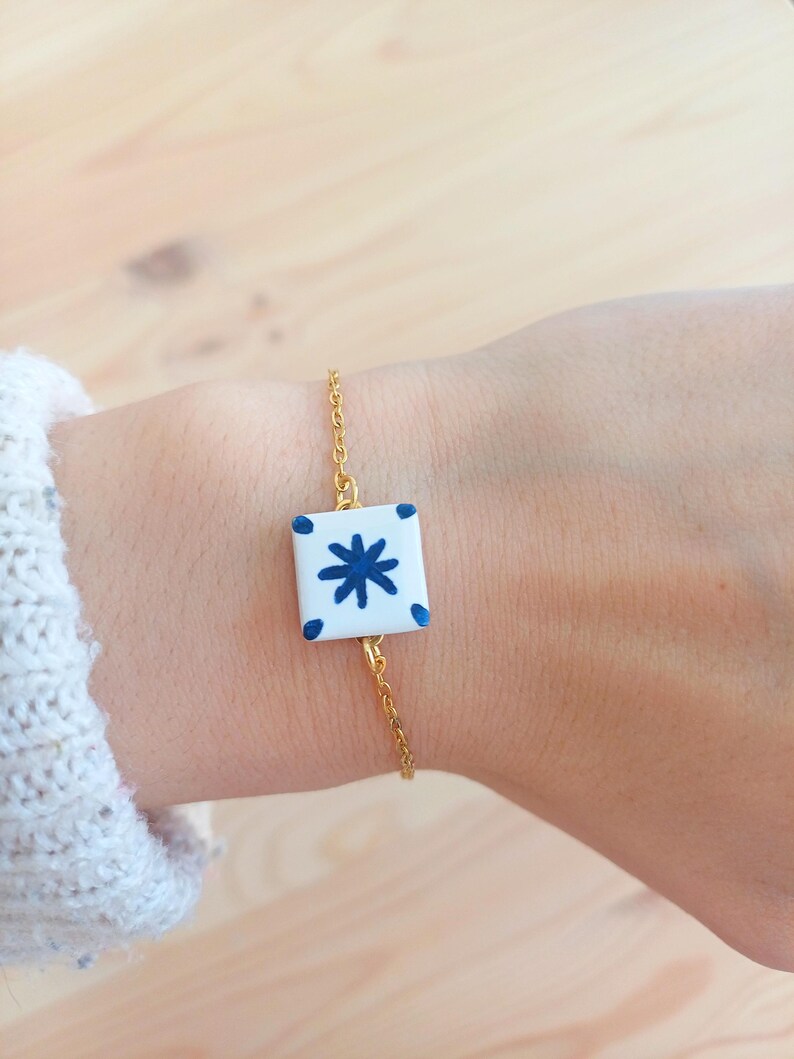 Handpainted Portuguese Tile Bracelet - Adjustable Ceramic Jewelry for ...