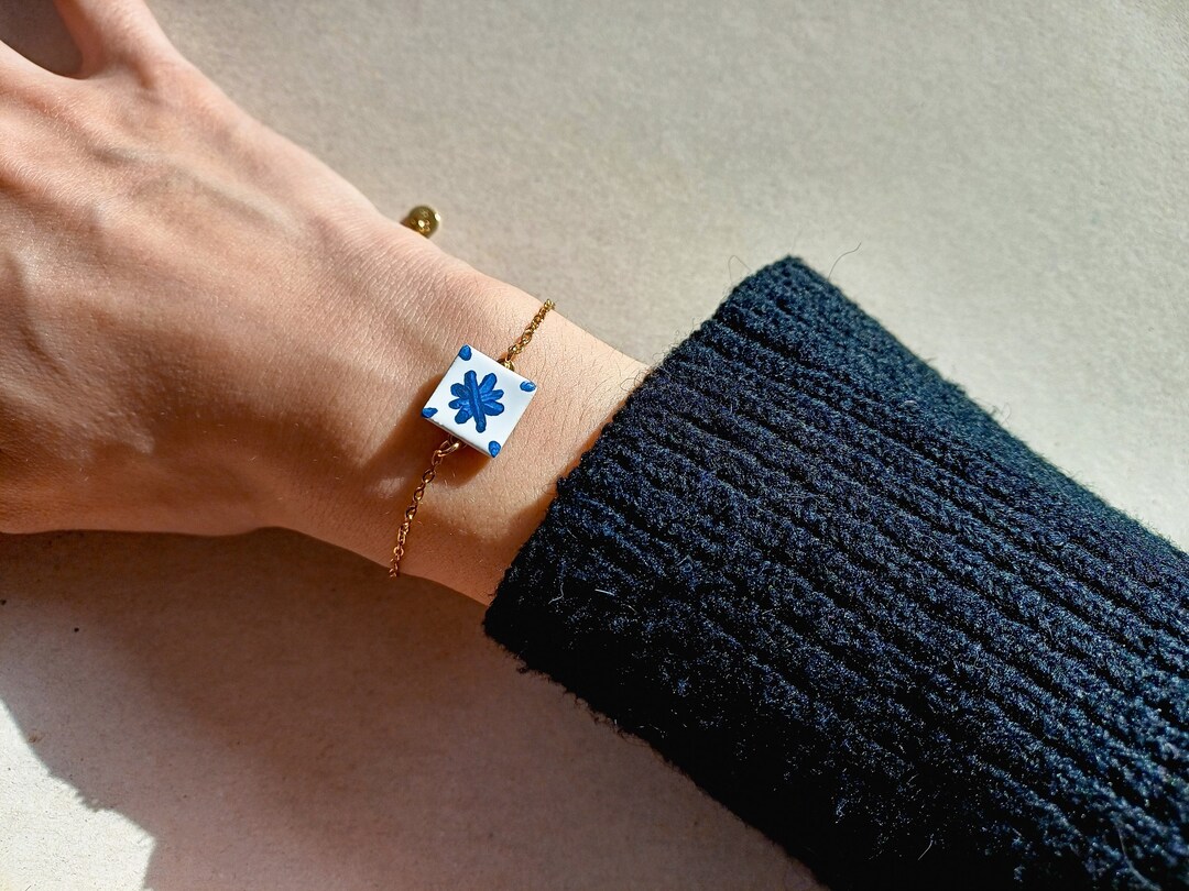Handpainted Portuguese Tile Bracelet - Adjustable Ceramic Jewelry for ...