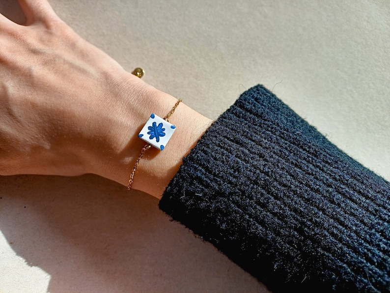 Handpainted Portuguese Tile Bracelet - Adjustable Ceramic Jewelry for ...