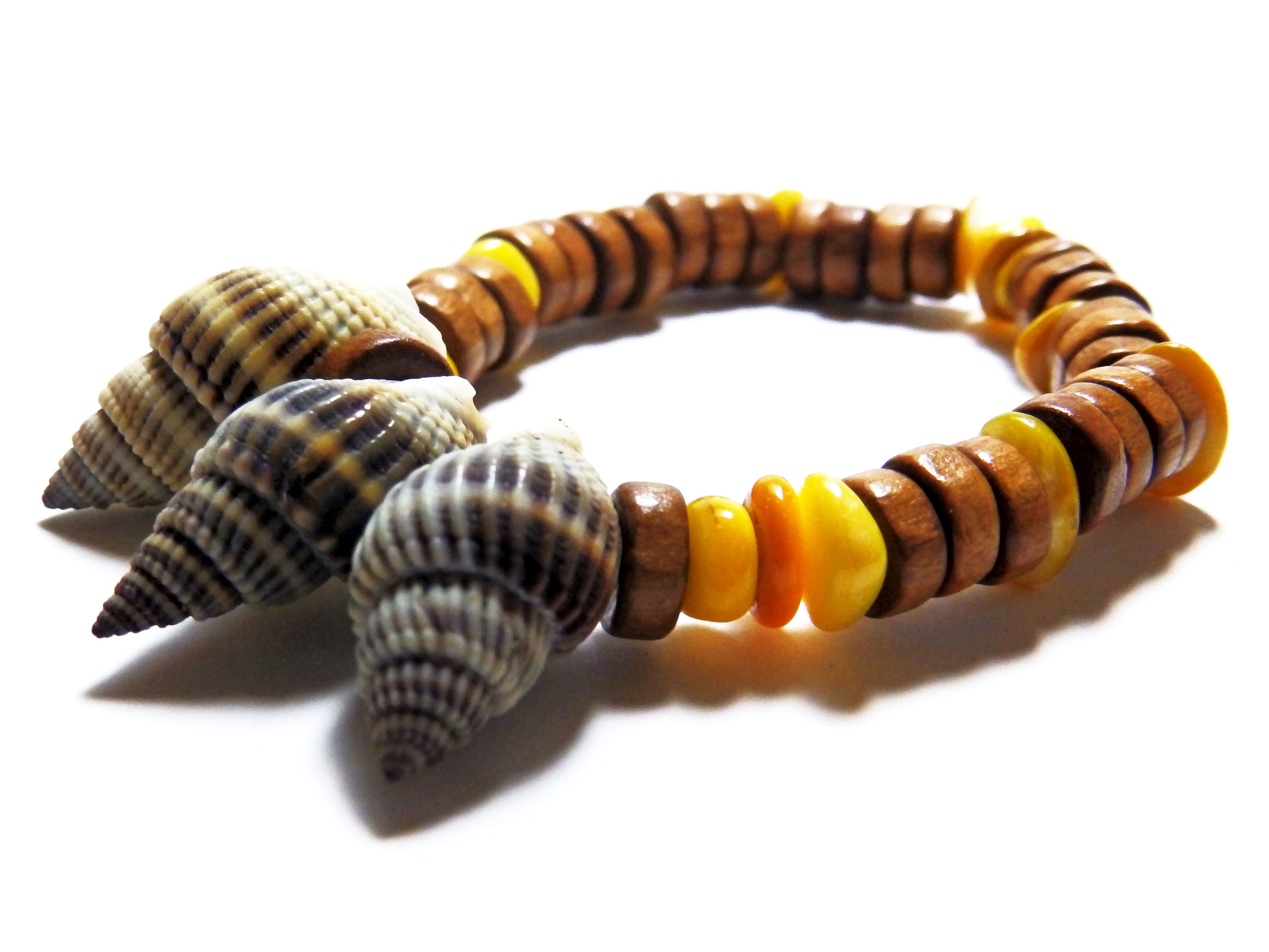 Natural Shell BOHO BRACELET. Wooden Beads. Natural Yellow Crushed ...
