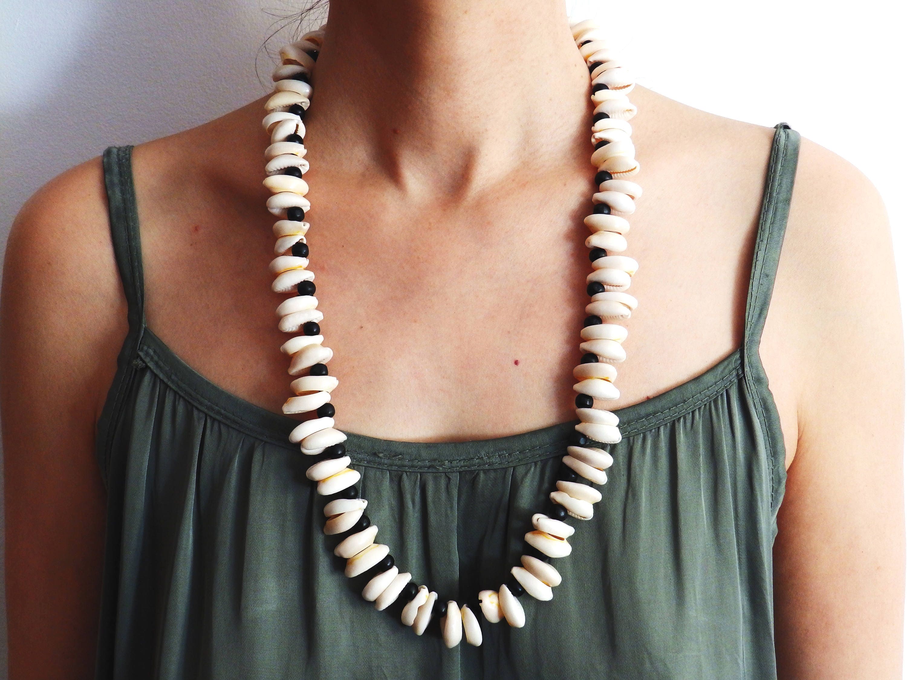 Cowrie Shells Long Necklace. Wooden Black Beads. Voodoo Santeria Magic ...