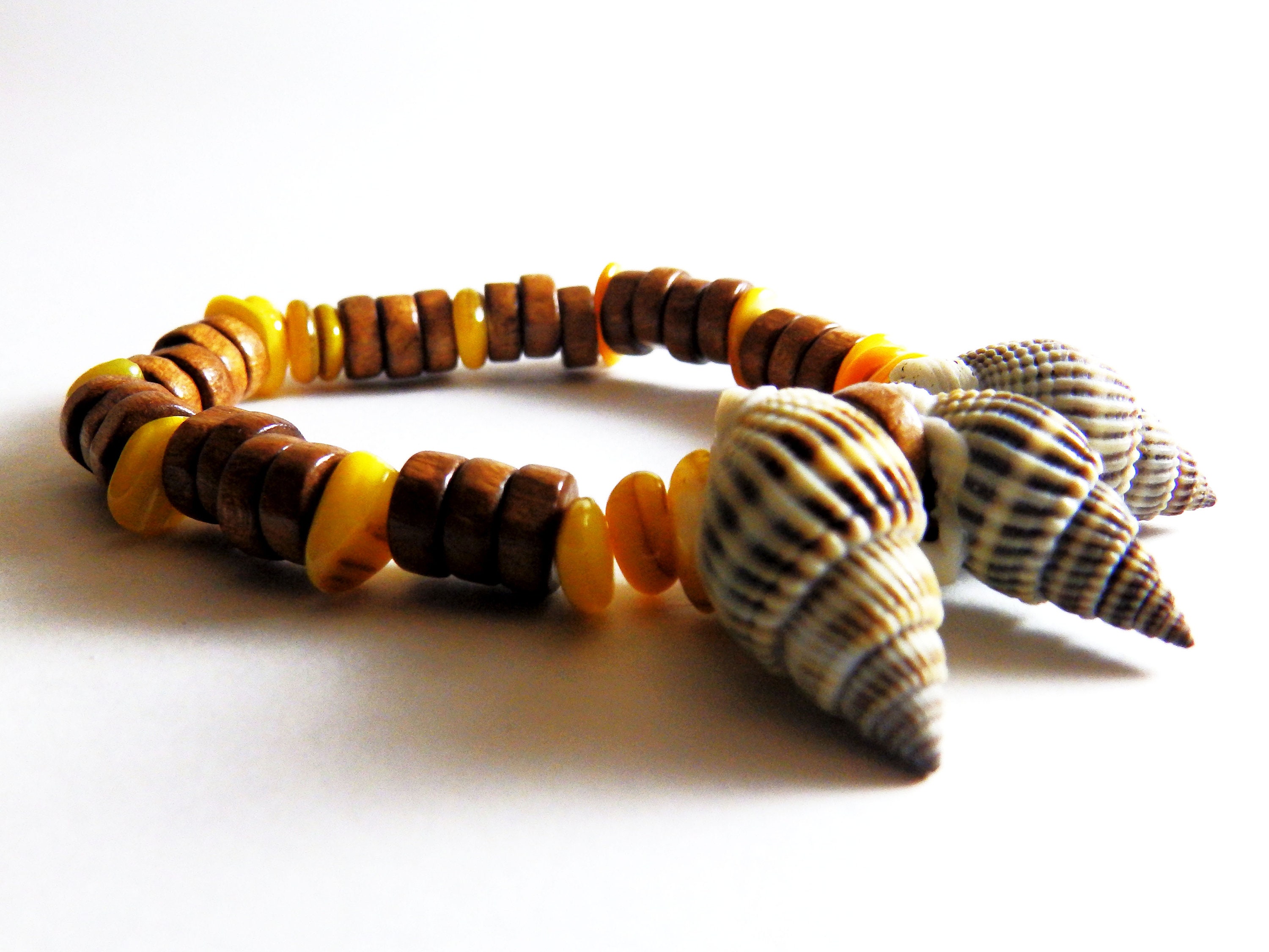 Natural Shell BOHO BRACELET. Wooden Beads. Natural Yellow Crushed ...