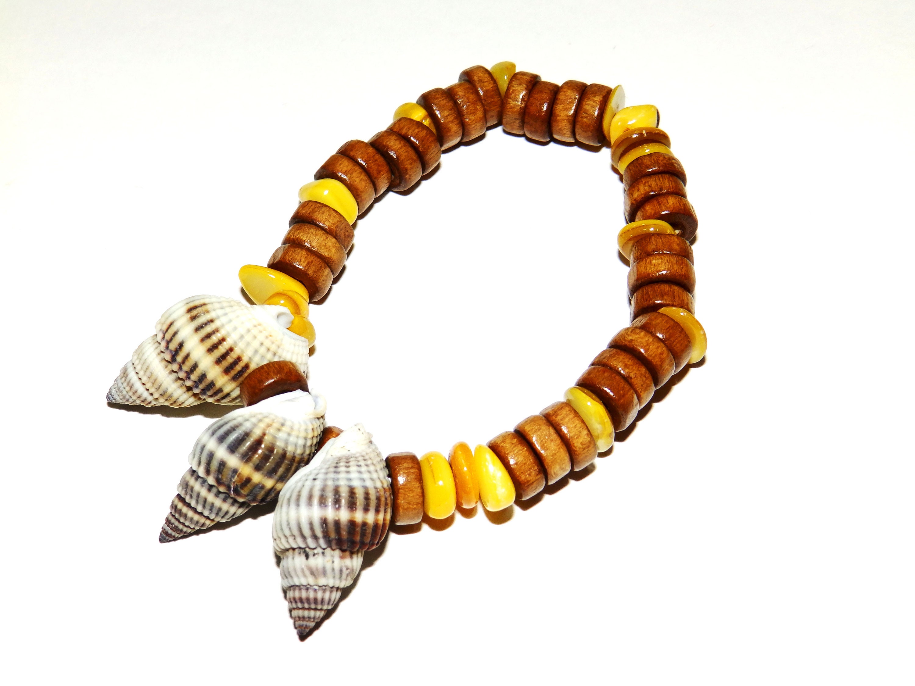 Natural Shell BOHO BRACELET. Wooden Beads. Natural Yellow Crushed ...