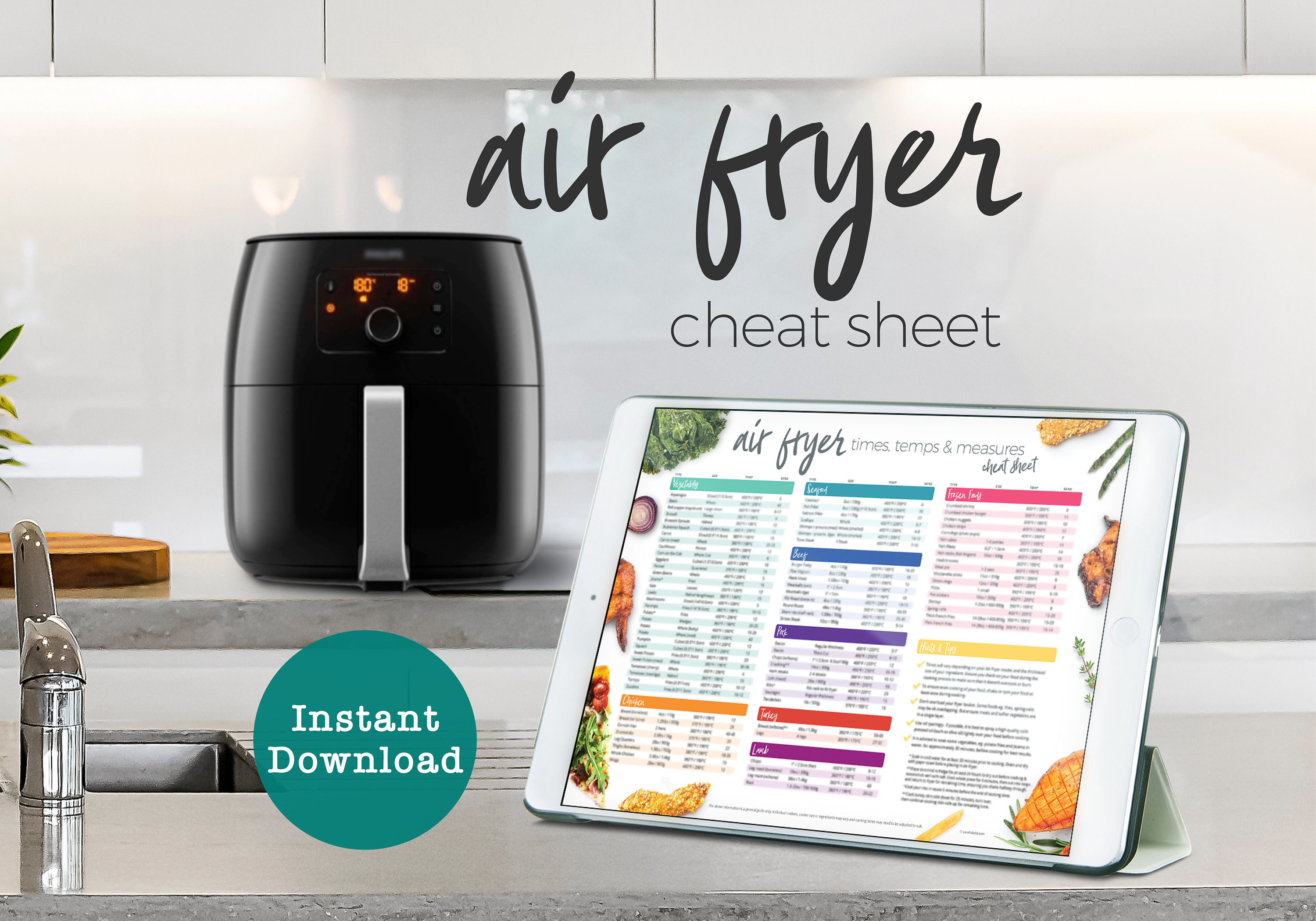 Air Fryer Cooking Times, Temps & Measures Kitchen Cheat Sheet Printable ...