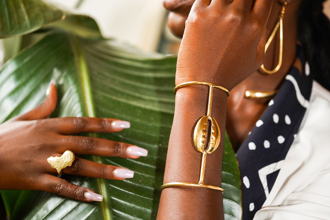 African Cuff Bracelet Wide Large Brass Bangle With Seashell Ethnic ...