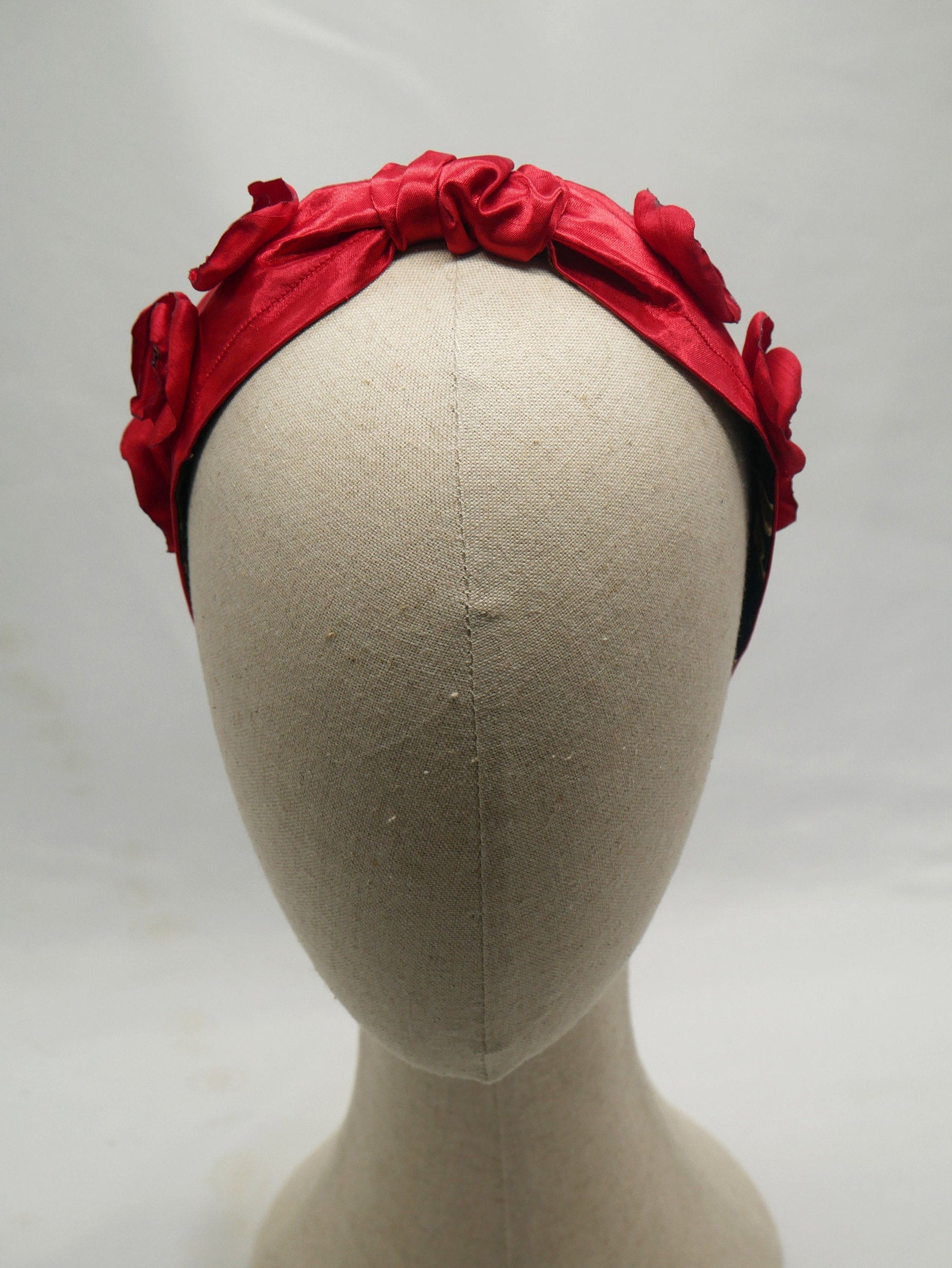 Red satin headband with fabric flowers and ruched detail. | Etsy