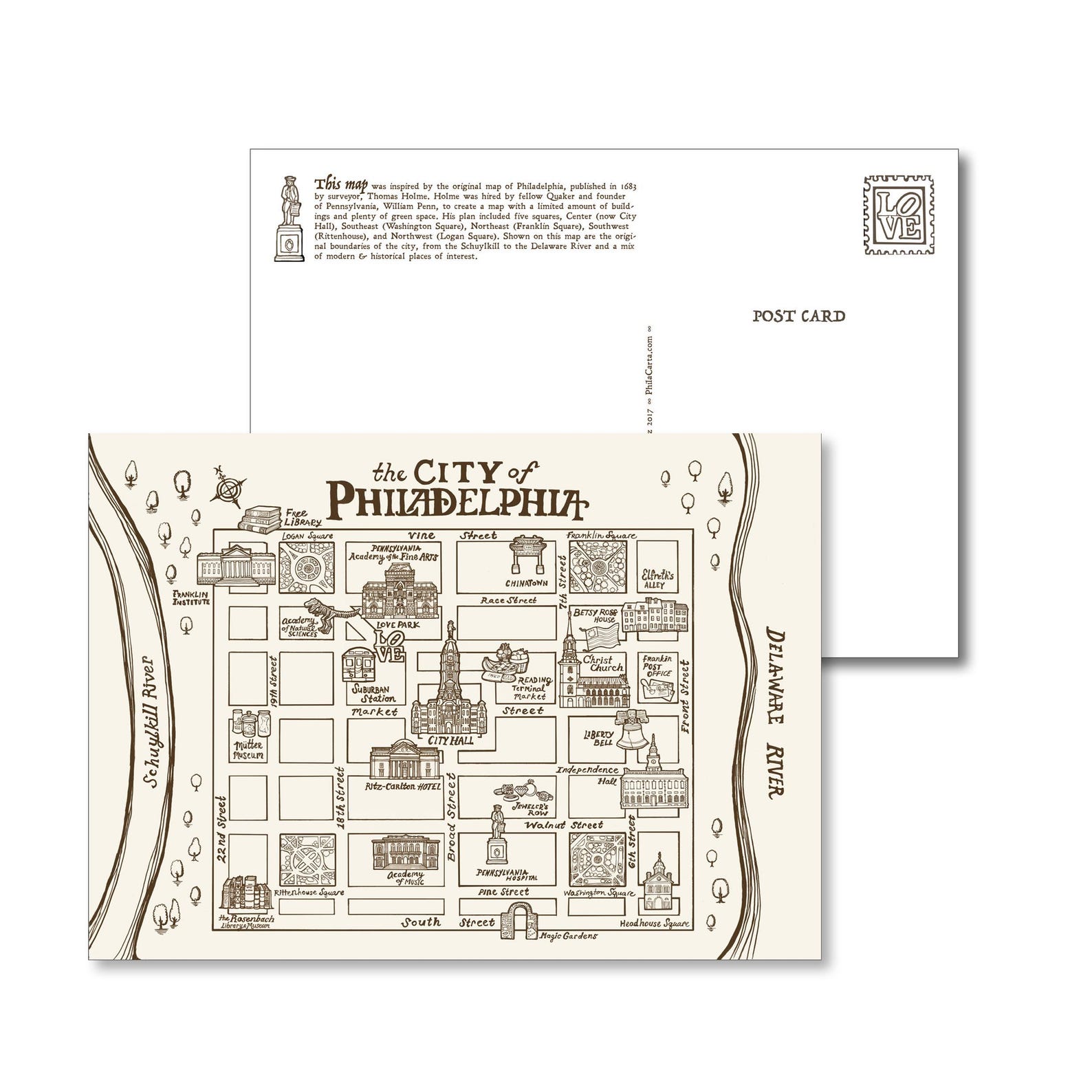Philadelphia Postcard - Philadelphia Map - 5x7 Philly Postcard - Center ...