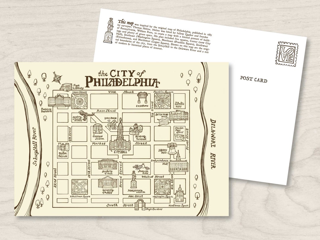 Philadelphia Postcard Philadelphia Map 5x7 Philly Postcard Center City ...