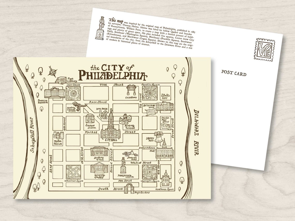 Philadelphia Postcard Philadelphia Map 5x7 Philly Postcard - Etsy