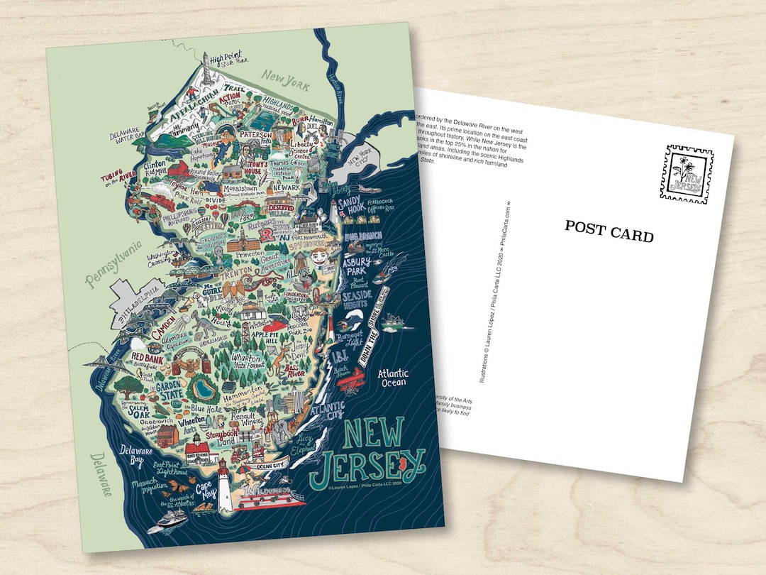 New Jersey Map Art- NJ Postcard - 5 X 7 Inches - Paper Ephemera ...