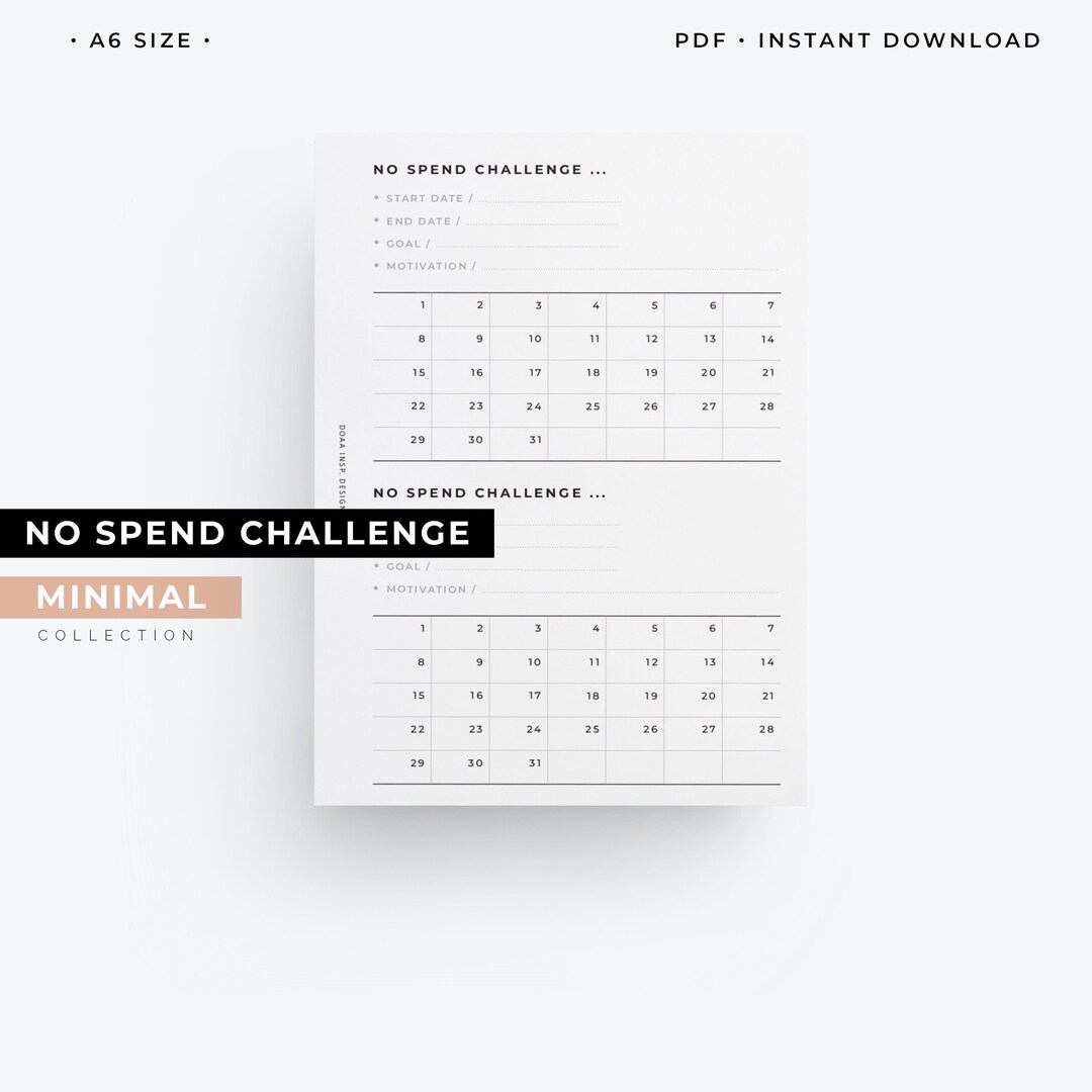 A6, No Spend Challenge, 30 Days Challenge, A6 No Spend Tracker ...