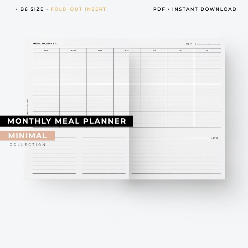 Monthly Meal Planner Printable for B6 Planner, B6 Meal Planning Insert ...