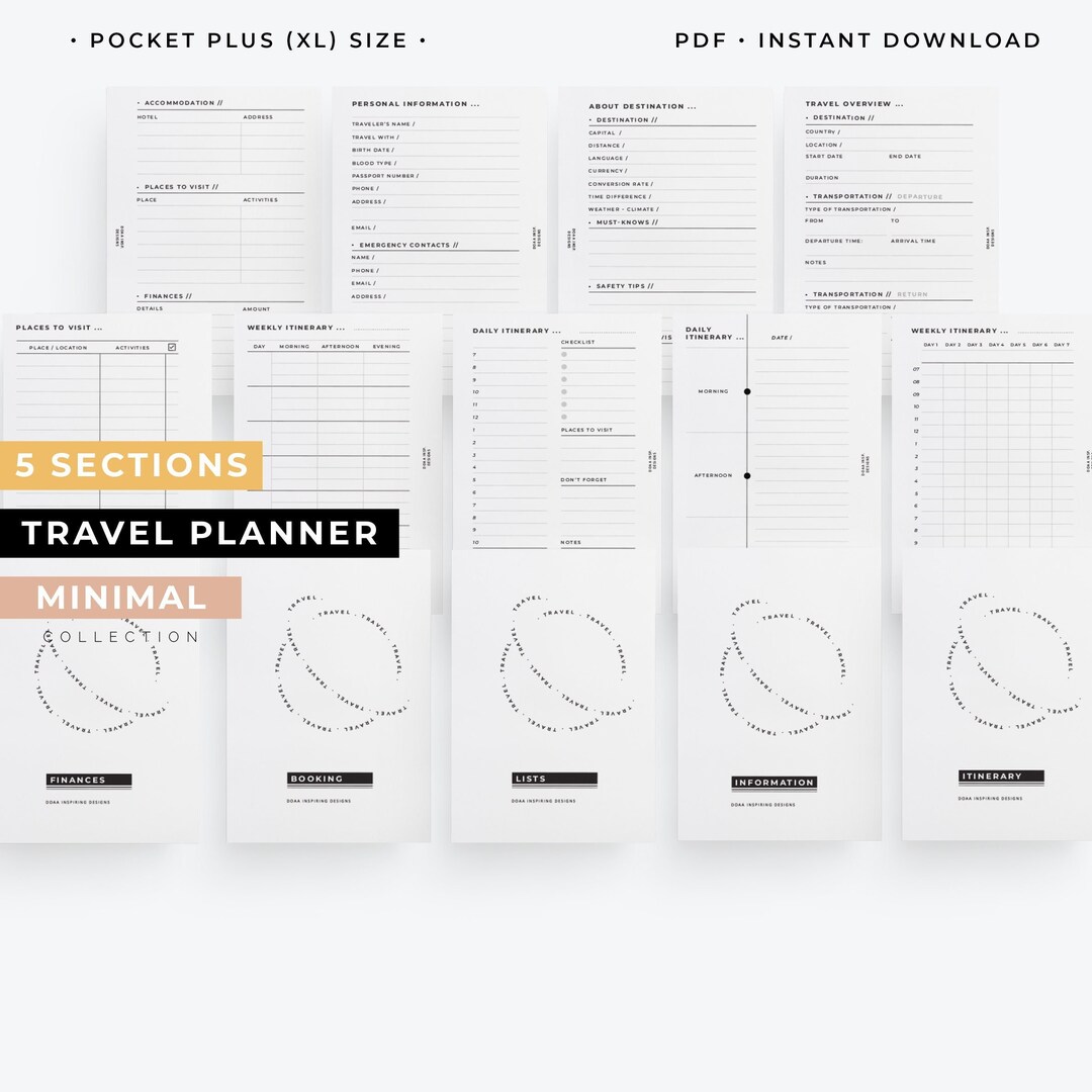Pocket Plus (XL) Size Travel Planner , Vacation Plan Inserts, Travel ...