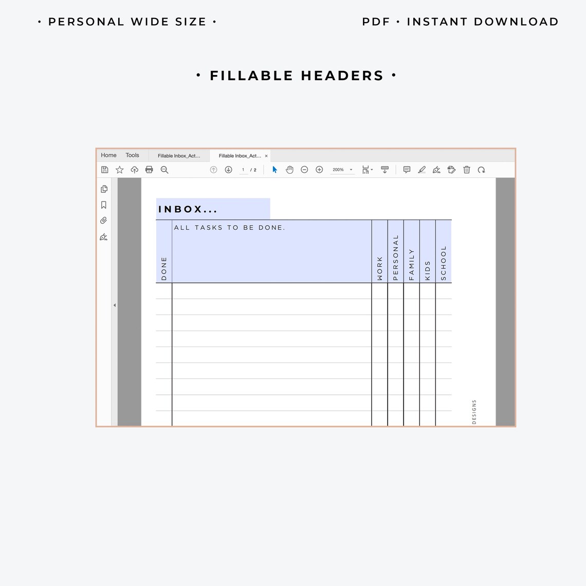 Personal Wide Fillable Inbox Printable Planner, Categorized Lists ...