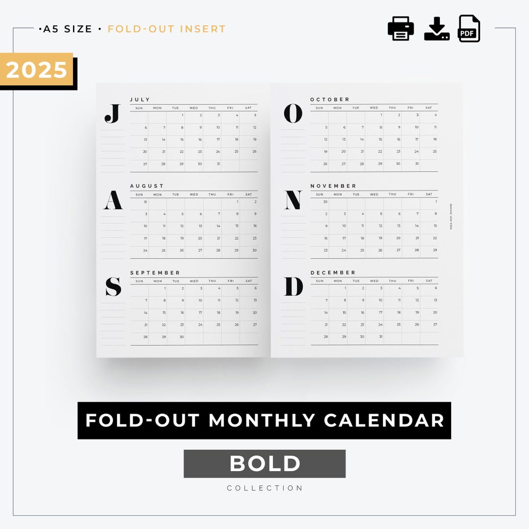 A5 Fold-out Yearly Calendar Dated 2025, Year at a Glance, Monthly ...