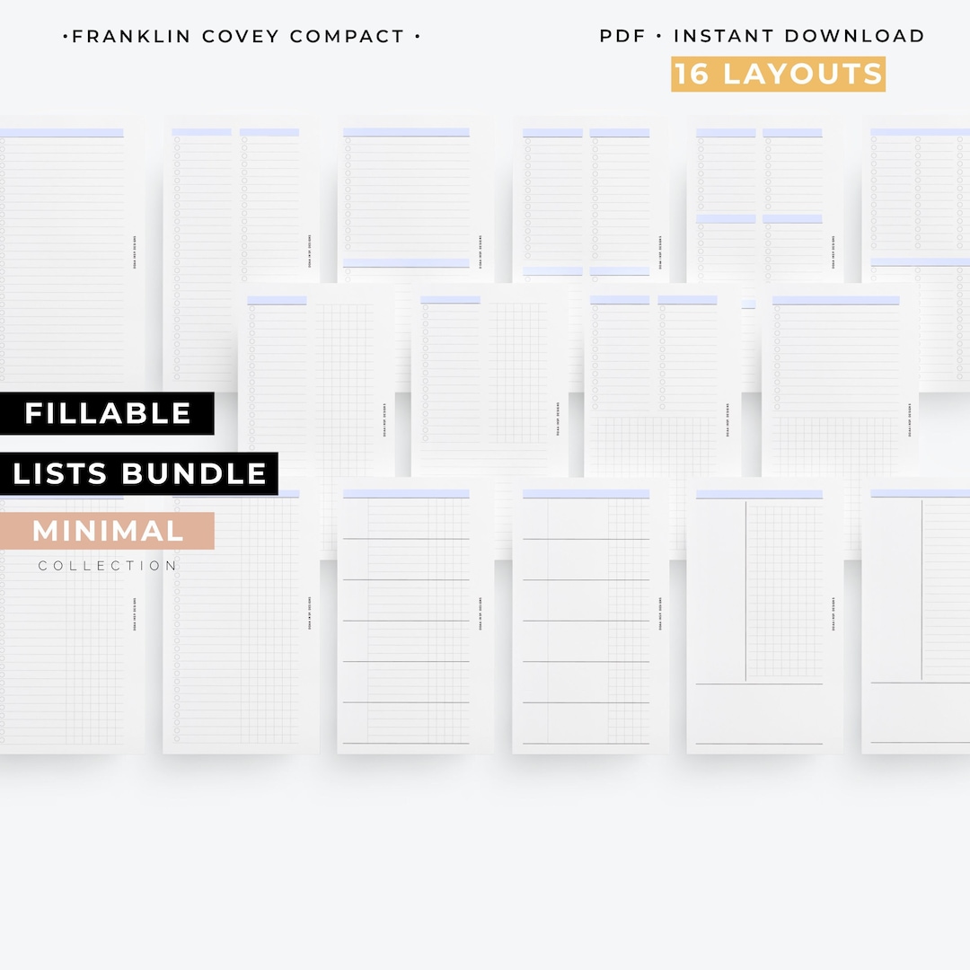 FC Compact Size Fillable Lists Bundle, Editable to Do List, 16 ...