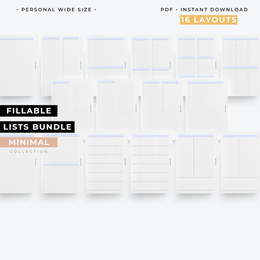 Personal Wide Size Fillable Lists Bundle, Editable to Do List, 16 ...