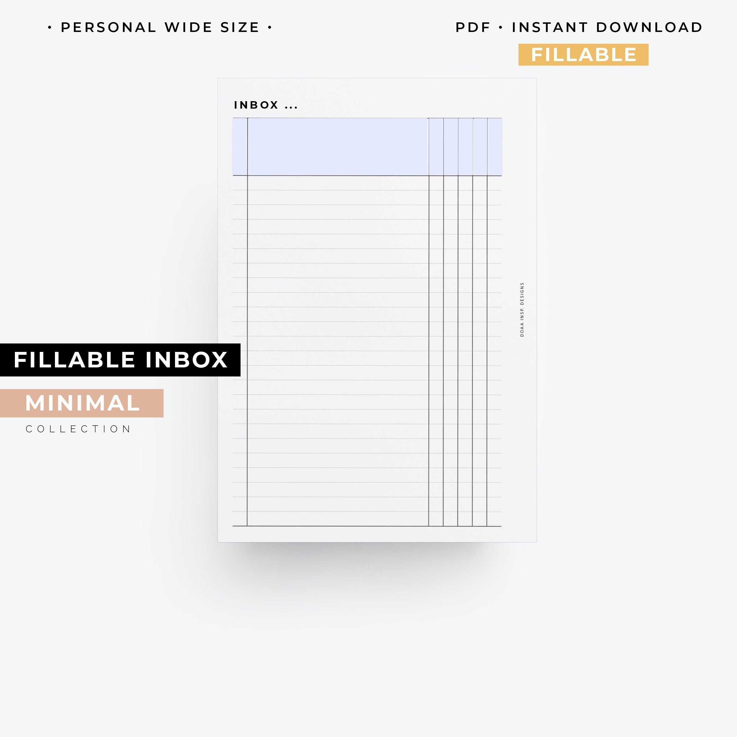 Personal Wide Fillable Inbox Printable Planner, Categorized Lists ...