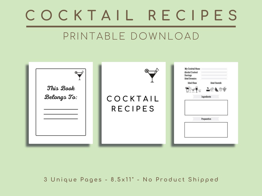 Cocktail Recipe Card Printable, Cocktail on the Go, Bar Drink Blank ...