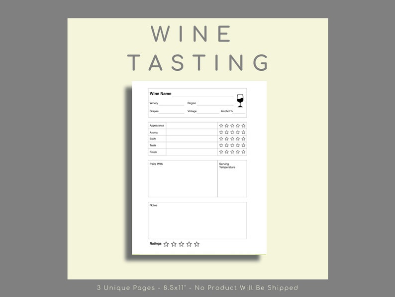 Wines Tasting Notes, Wine Tasting Journal, Party at Home Kit, Chart ...