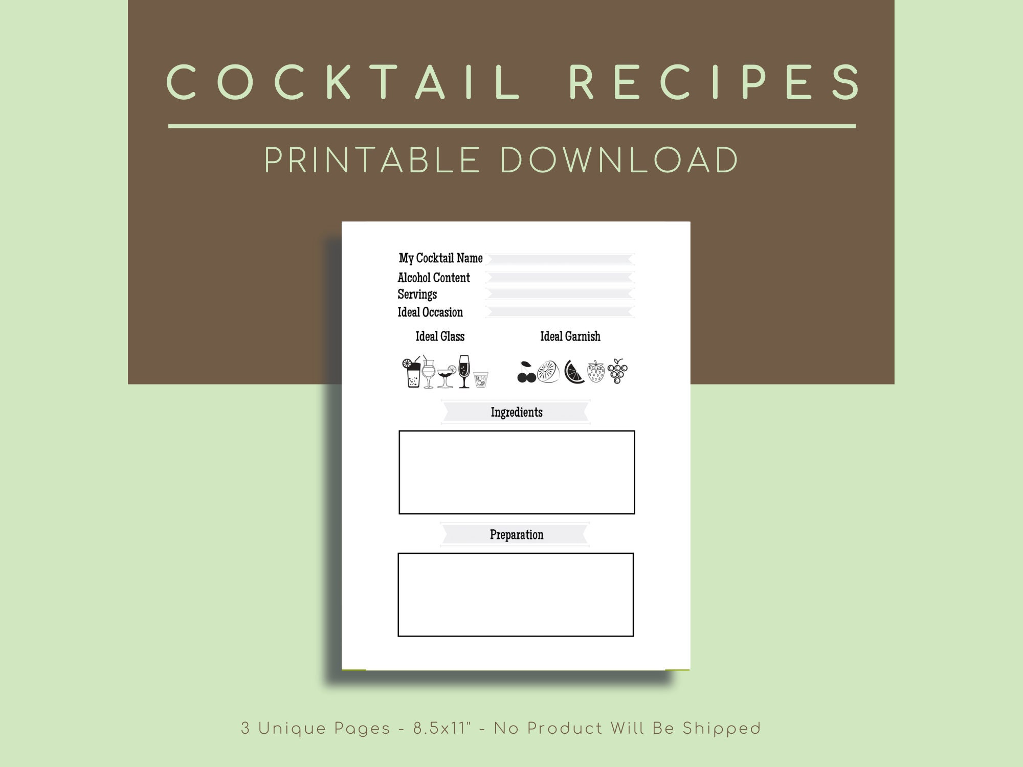 Cocktail Recipe Card Printable, Cocktail on the Go, Bar Drink Blank ...