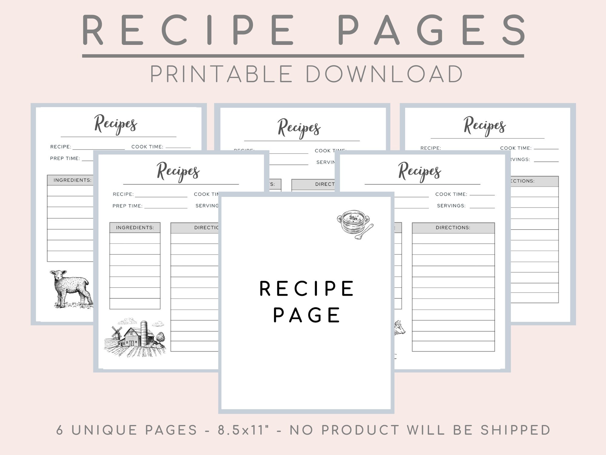 Printable Recipe Pages, Blank Recipe Cards, Baking Template Download ...
