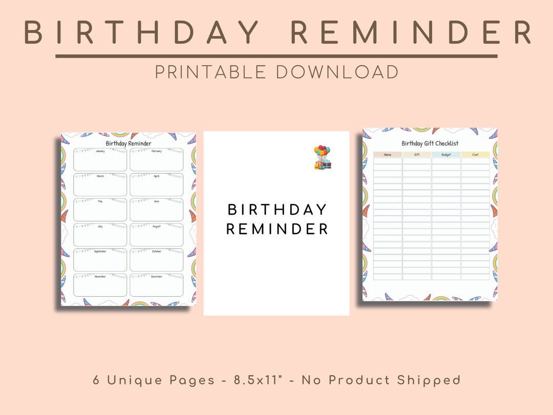 Birthday Reminder, Birthday Calendar, Party Guest and Gift Checklist ...