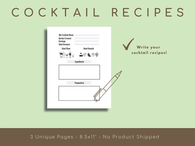 Cocktail Recipe Card Printable, Cocktail on the Go, Bar Drink Blank ...