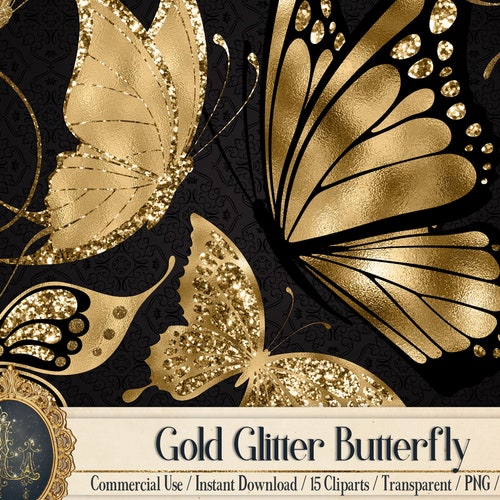 15 Gold Glitter Foil Butterfly Clip Arts 300 Dpi Instant - Etsy