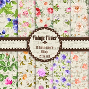 14 Vintage Flower Digital Papers 12", Flower Digital Paper, Vintage ...
