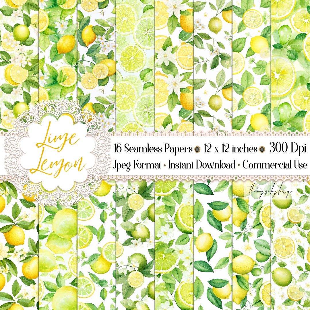 16 Seamless Watercolor Lime Lemon Digital Papers Commercial Use Lime ...