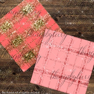 16 Gold Glitter and Peach Plaid Tartan Digital Paper Pack 12inch 300 ...