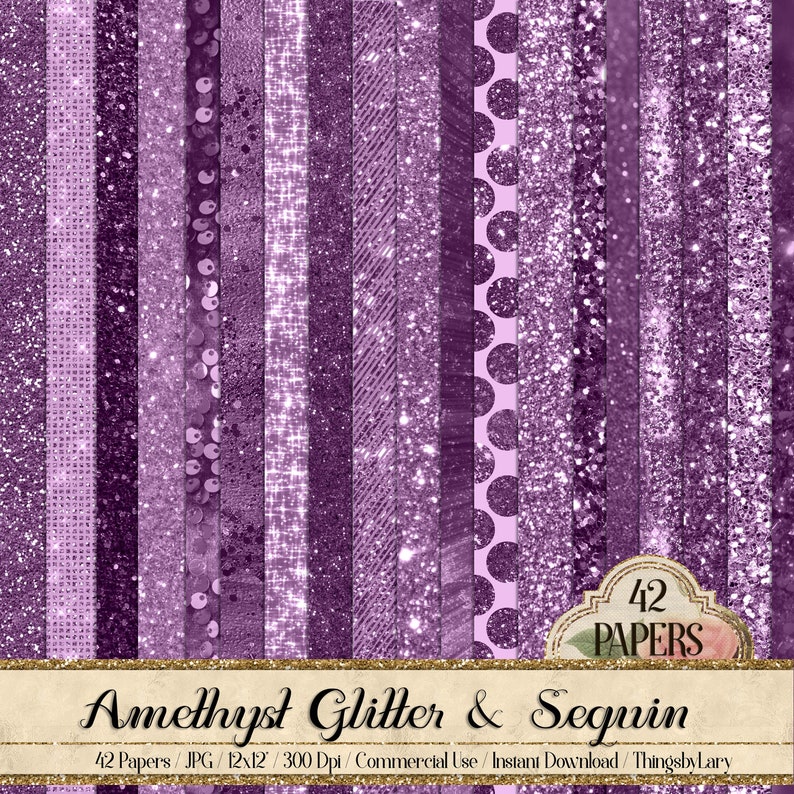 42 Amethyst Plum Glitter Sequin Digital Papers 12x12" 300 Dpi Planner ...