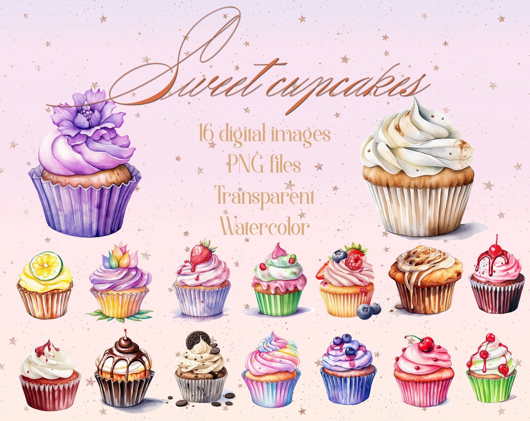 16 Watercolor Cupcakes Vol 1 PNG Images Instant Download Commercial Use ...