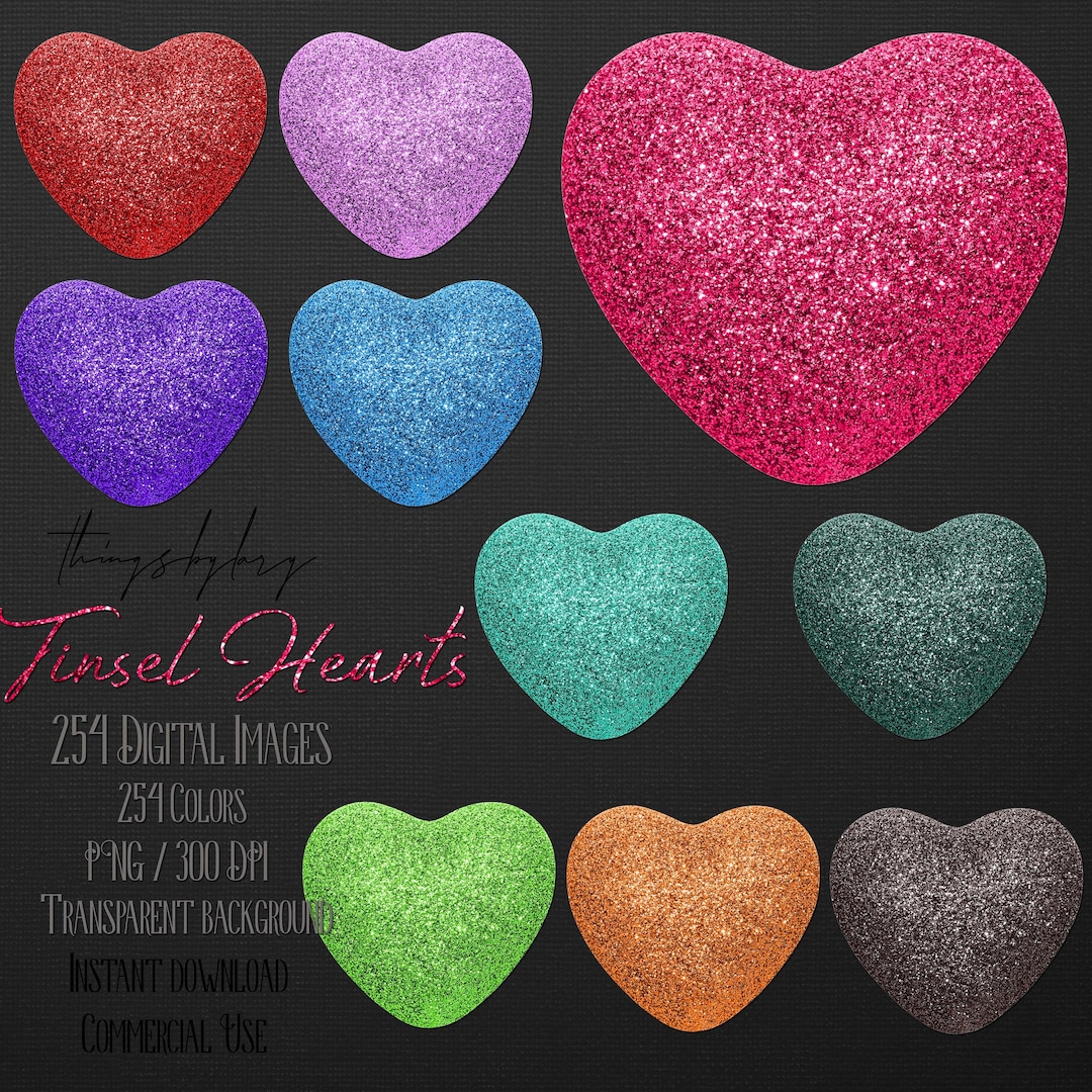 254 Real Tinsel Glitter Heart Digital Images PNG 300 Dpi Instant ...