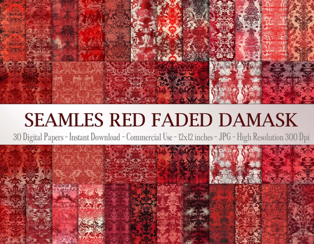 30 Seamless Vintage Red Faded Damask Digtal Papers 12x12" 300 Dpi ...