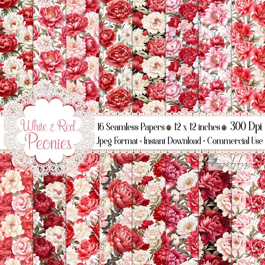 16 Seamless White and Red Peony Flower Digital Papers Commercial Use ...
