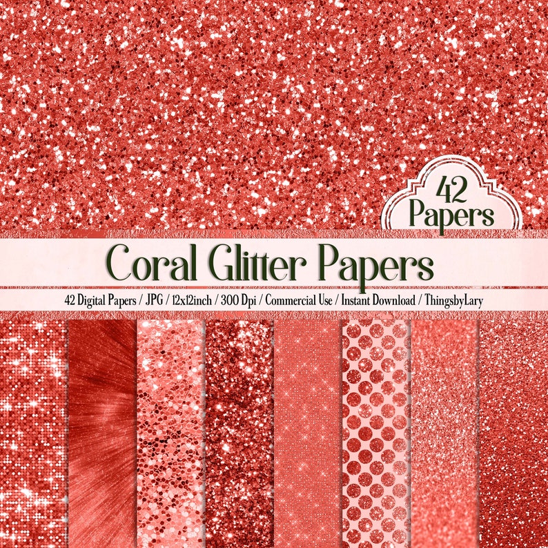 42 Living Coral Glitter Digital Papers 12 Inch 300 Dpi Planner Paper ...