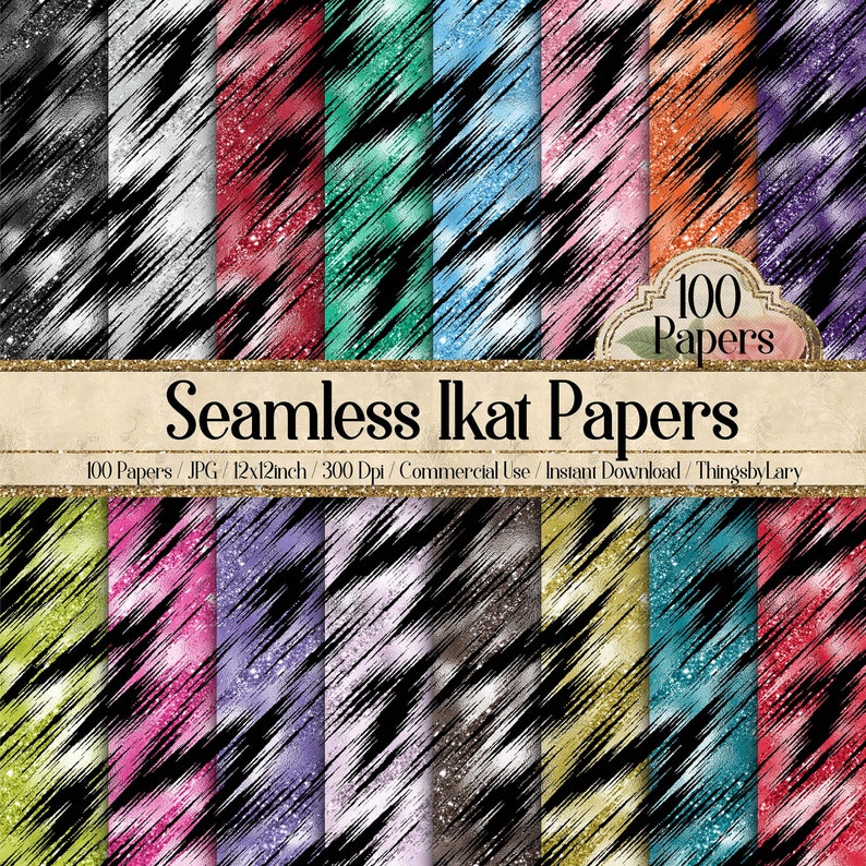 100 Seamless Glitter Ikat Pattern Digital Papers 12x12" 300 Dpi Planner ...
