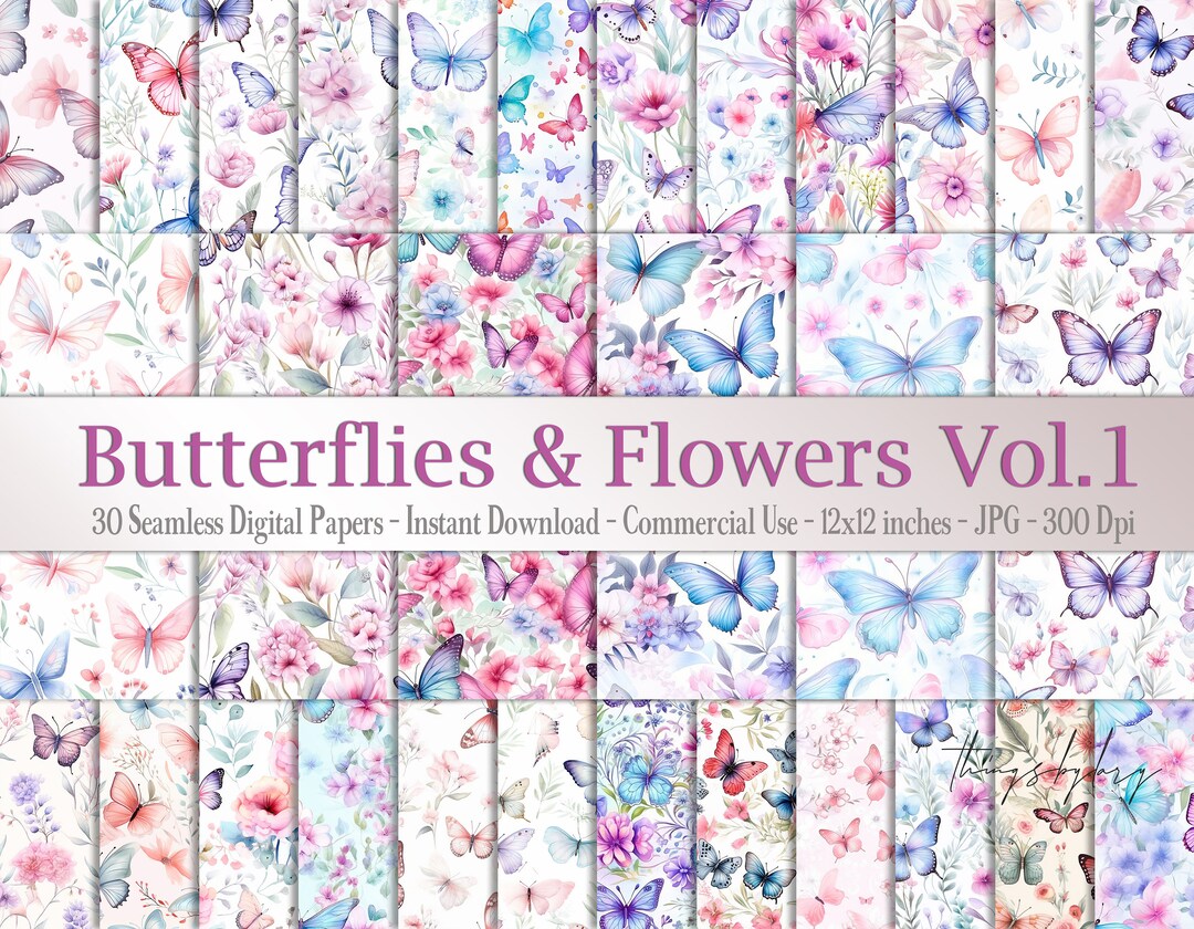 30 Seamless Watercolor Butterflies and Flowers Vol 1 Digital Papers ...
