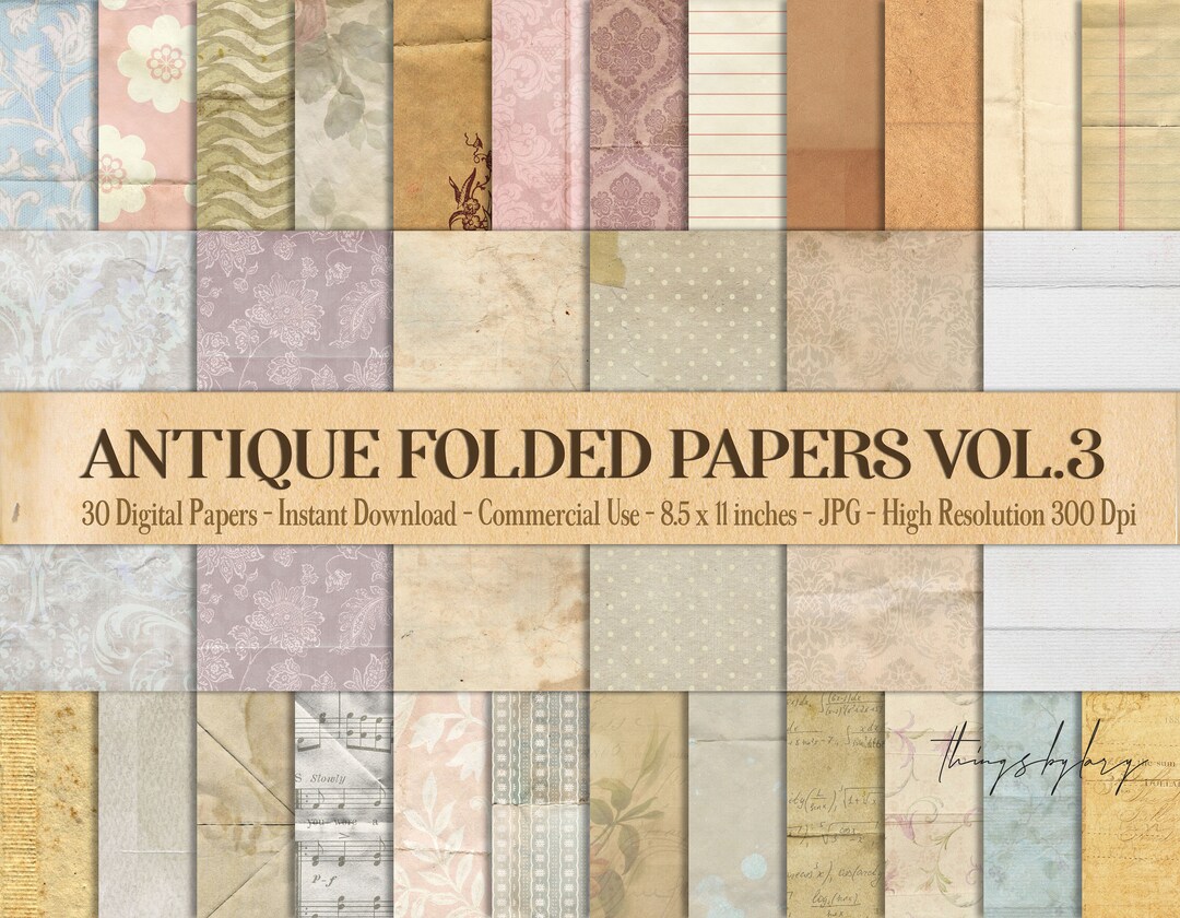 30 Folded Crumpled Antique Vintage Old Digital Papers Vol.3 8.5x11 300 ...
