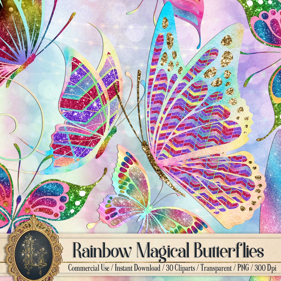 30 Rainbow Glitter & Watercolor Butterfly Clip Arts 300 Dpi Instant ...