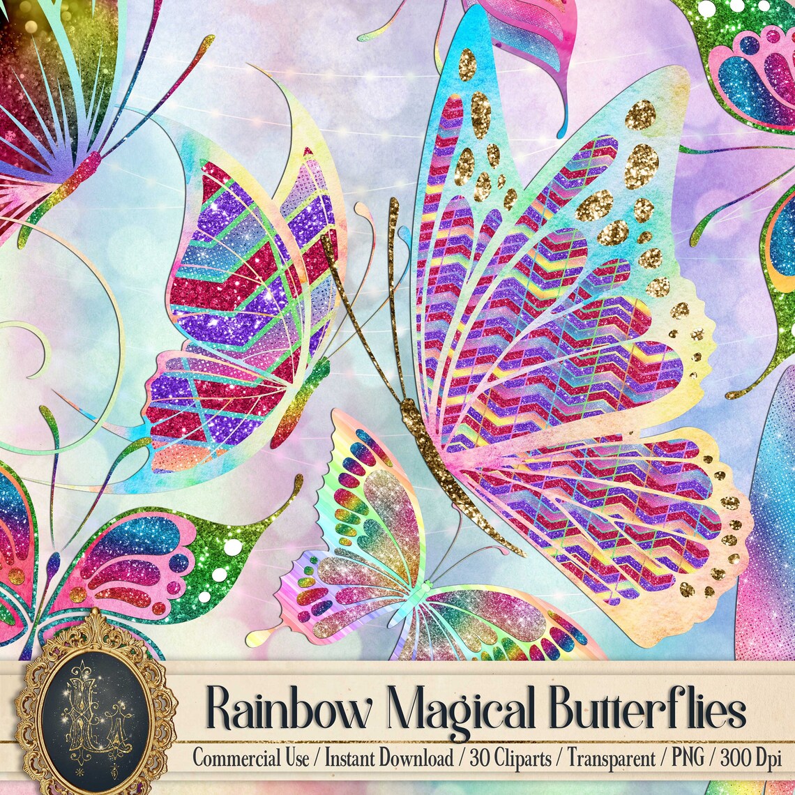 30 Rainbow Glitter & Watercolor Butterfly Clip Arts 300 Dpi | Etsy