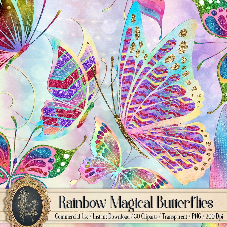 30 Rainbow Glitter & Watercolor Butterfly Clip Arts 300 Dpi Instant ...