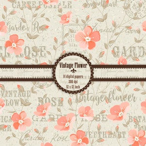 14 Vintage Flower Digital Papers 12", Flower Digital Paper, Vintage ...