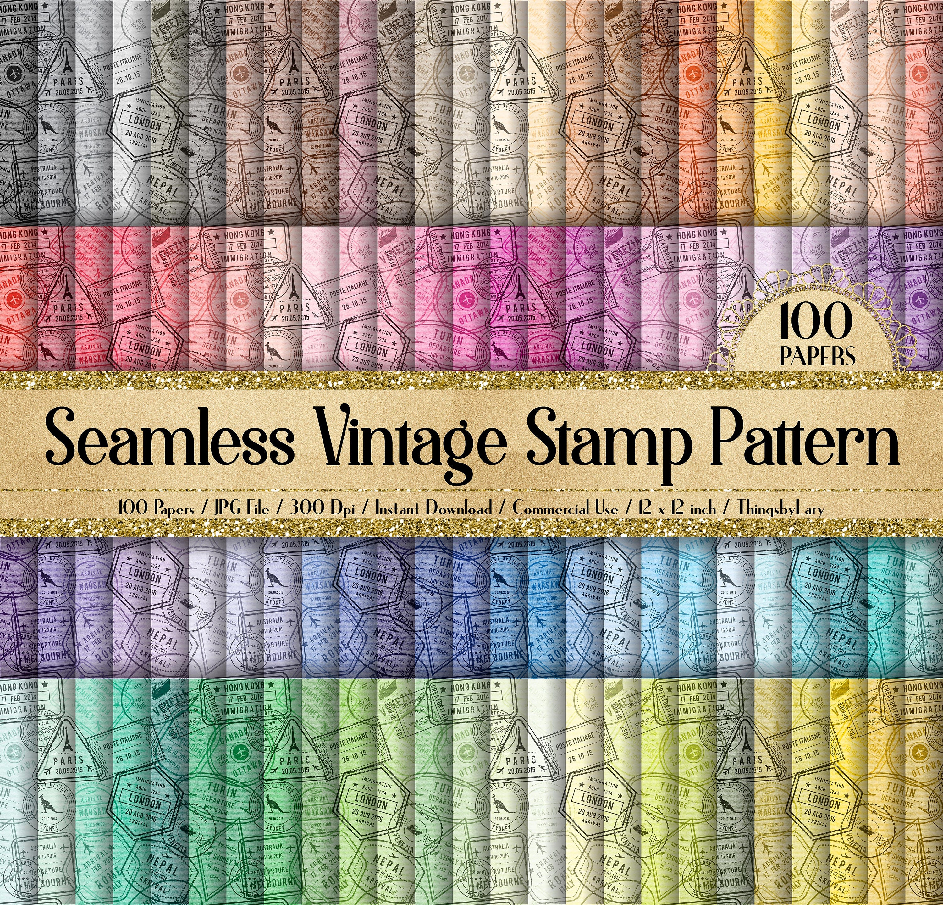 100 Seamless Vintage Postage Stamp Pattern Digital Papers 12x12