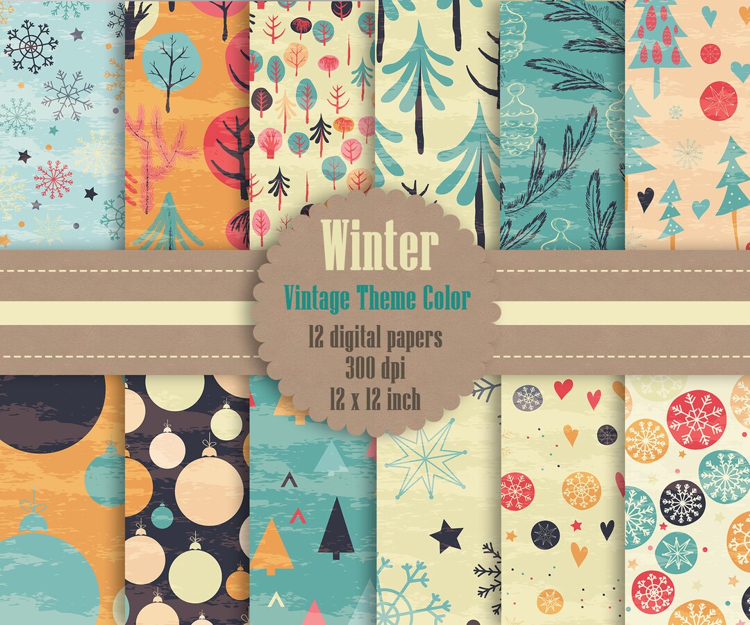 12 Winter Pattern Digital Papers in Vintage Theme Color in 12 Inch ...